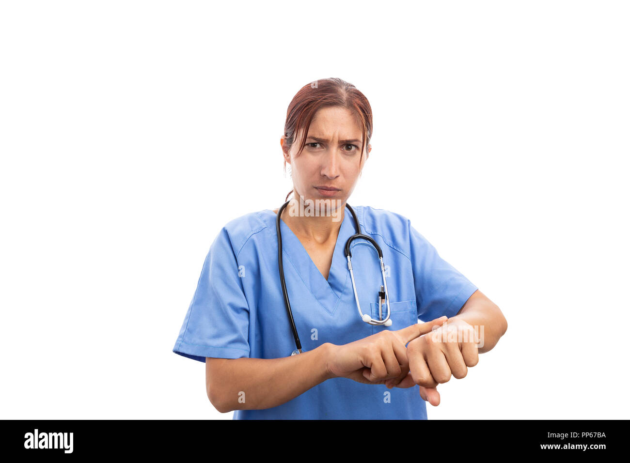 Angry bossy woman nurse or doctor making late time gesture by pointing ...