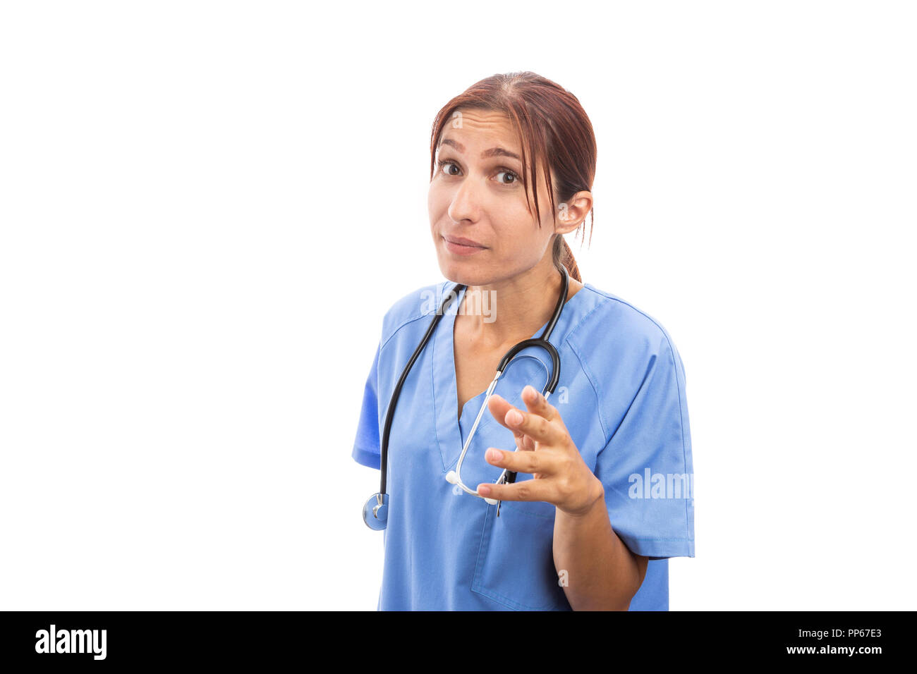 Female nurse or doctor making explaining gesture and expression with ...