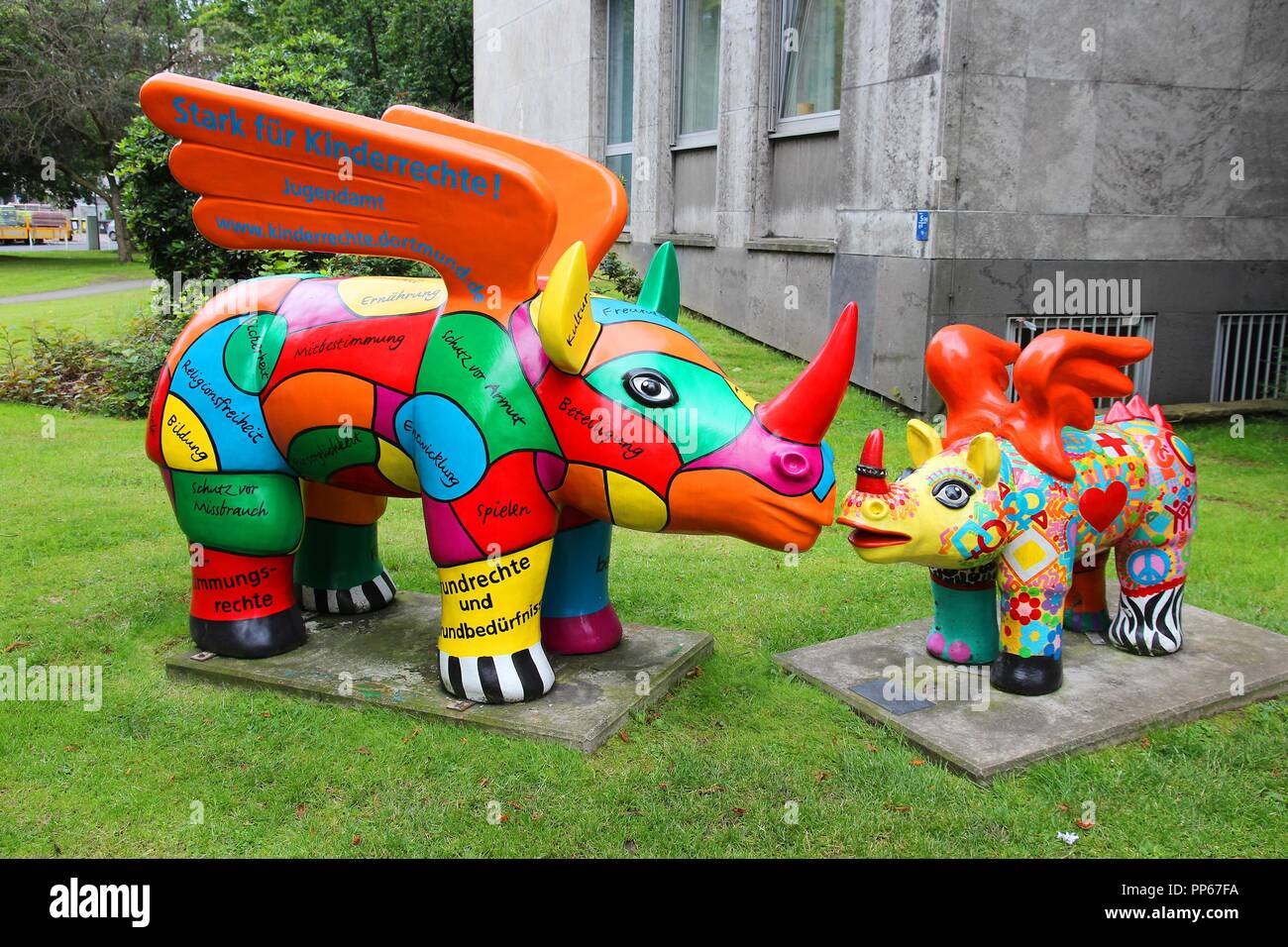 DORTMUND, GERMANY - JULY 16: Flying rhino statues on July 16, 2012 in ...