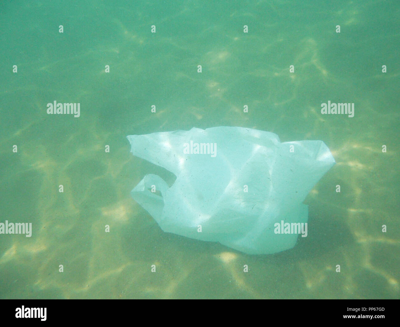 Plastic bag floating into the sea. Polluted enviromental. Recycle ...