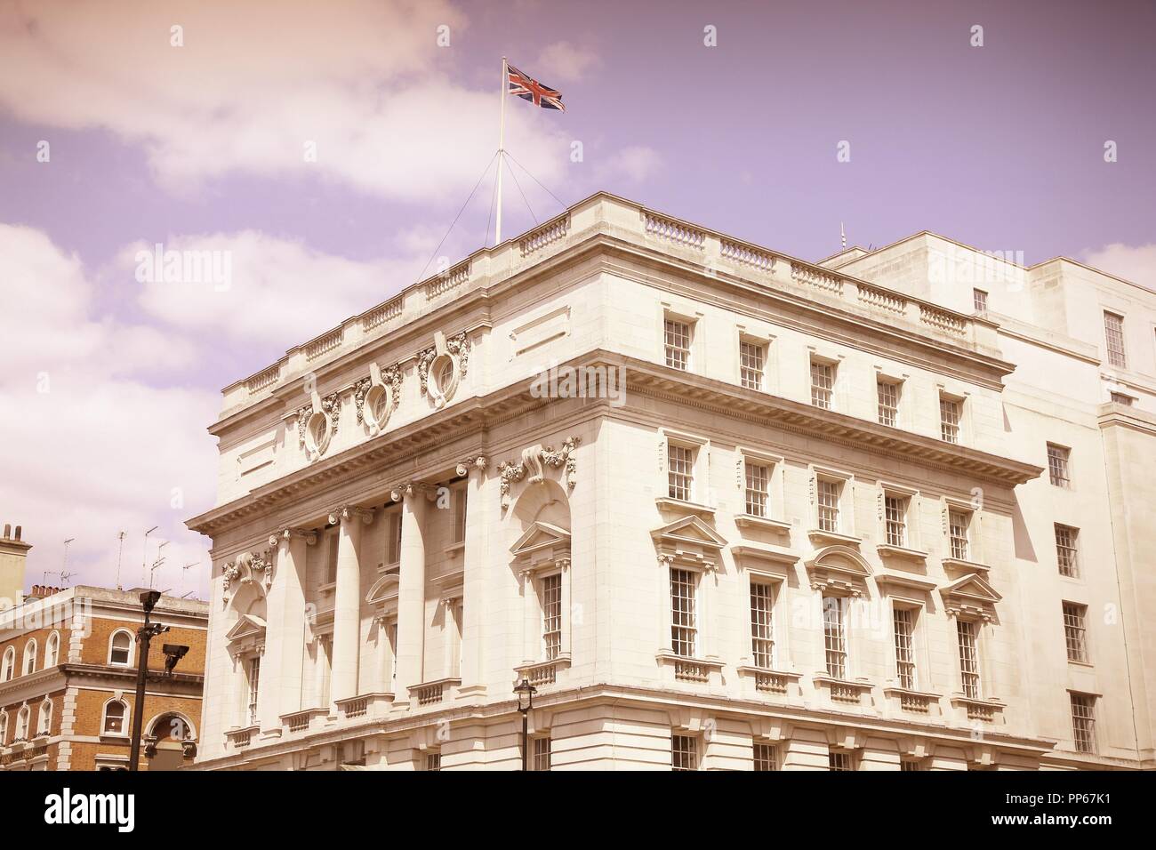London, UK - governmental building at Whitehall. British flag. Cross ...