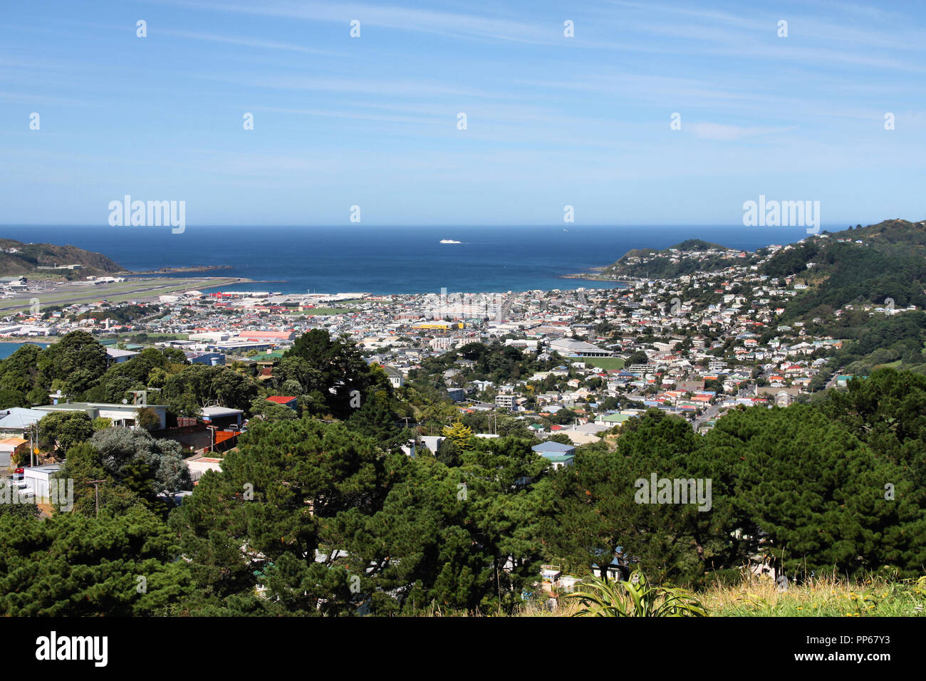 Wellington city on North Island, New Zealand. Aerial view towards ...