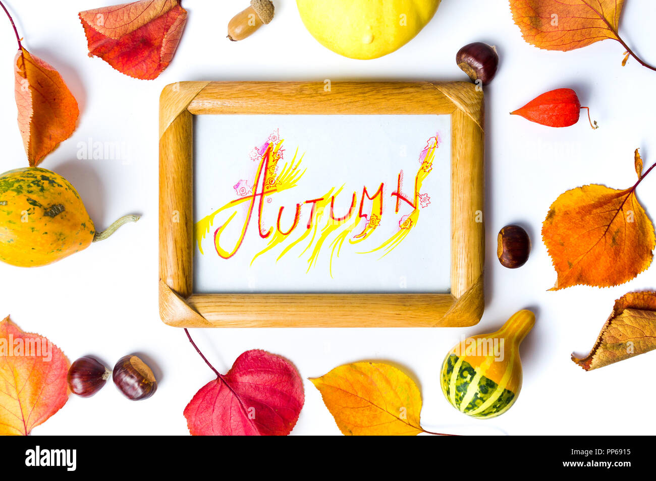 Autumn card in a frame with fallen leaves on white Stock Photo - Alamy