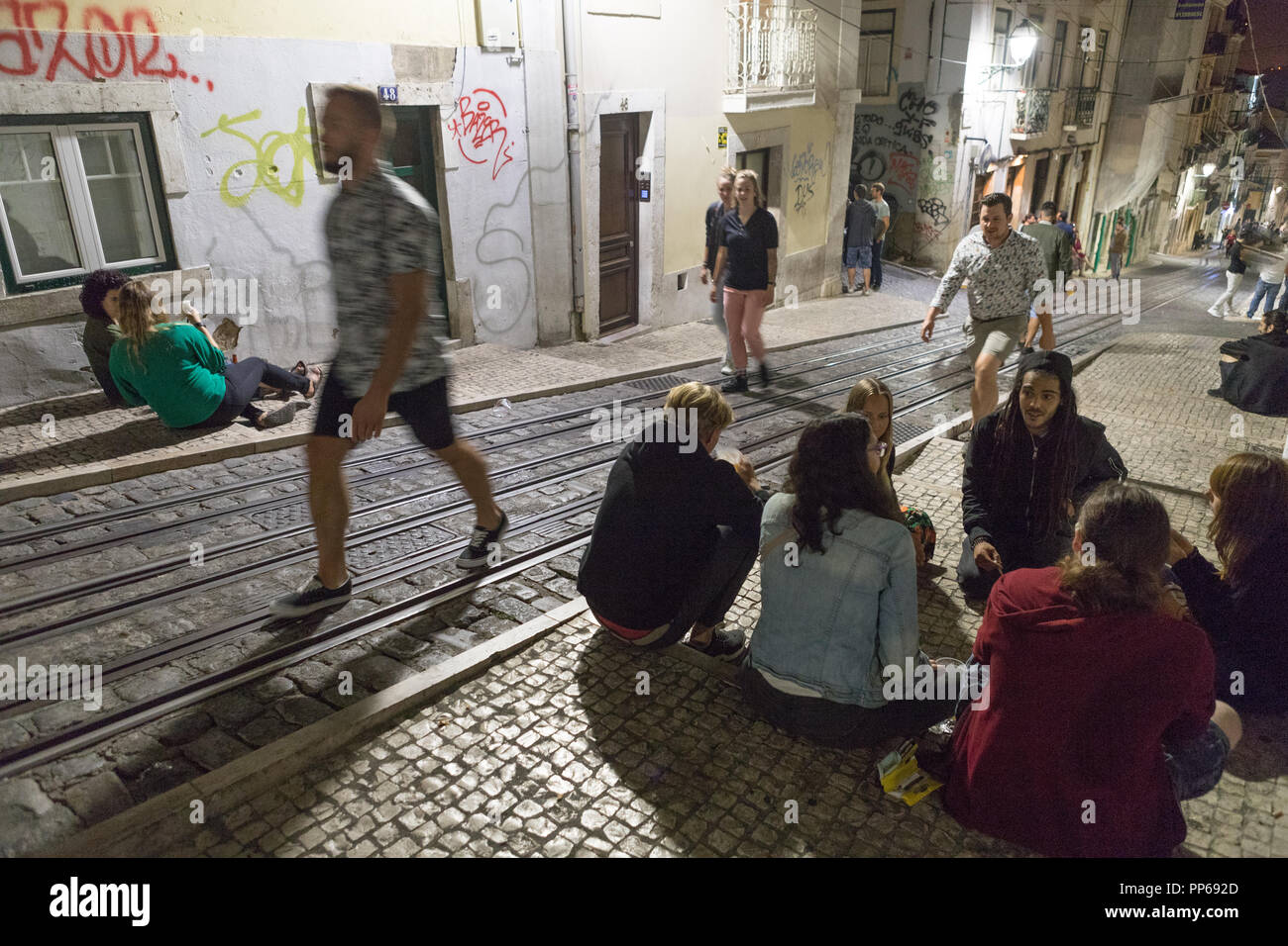 Lisbon Bairro Alto district, night scene, young people in week-end ...