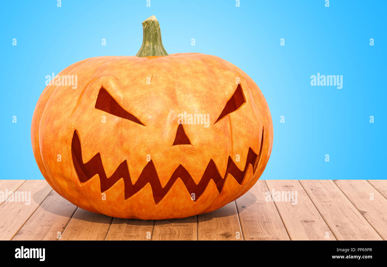 Halloween Pumpkin on the wooden table, 3D rendering Stock Photo - Alamy