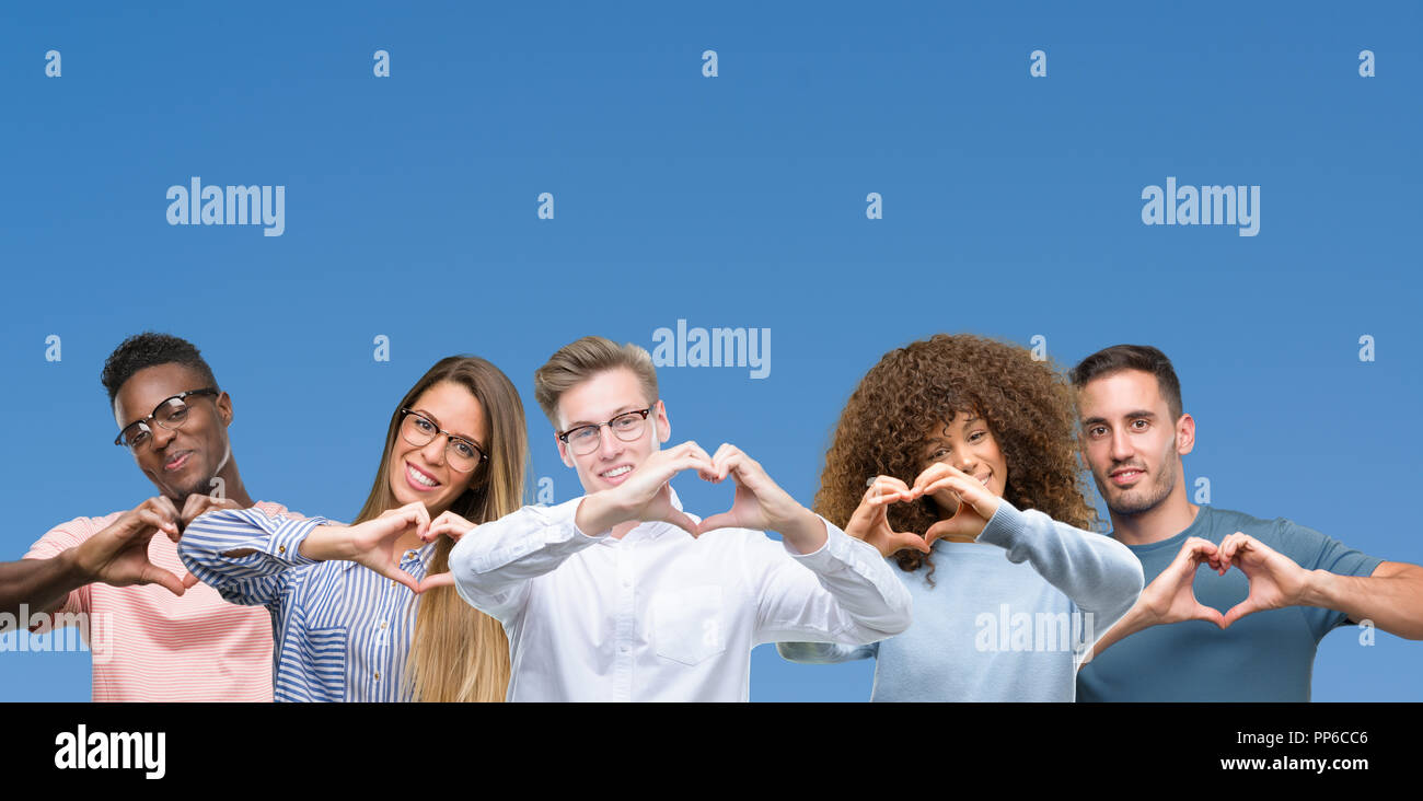 Composition of group of friends over blue blackground smiling in love ...