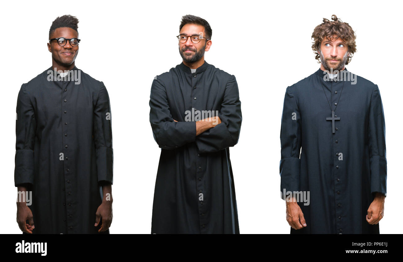 Collage of christian priest men over isolated background smiling ...