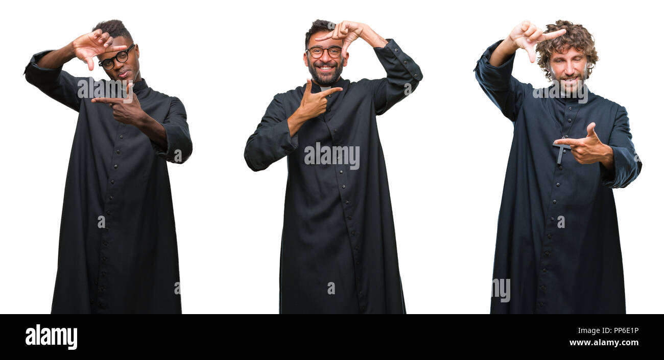 Collage of christian priest men over isolated background smiling making ...