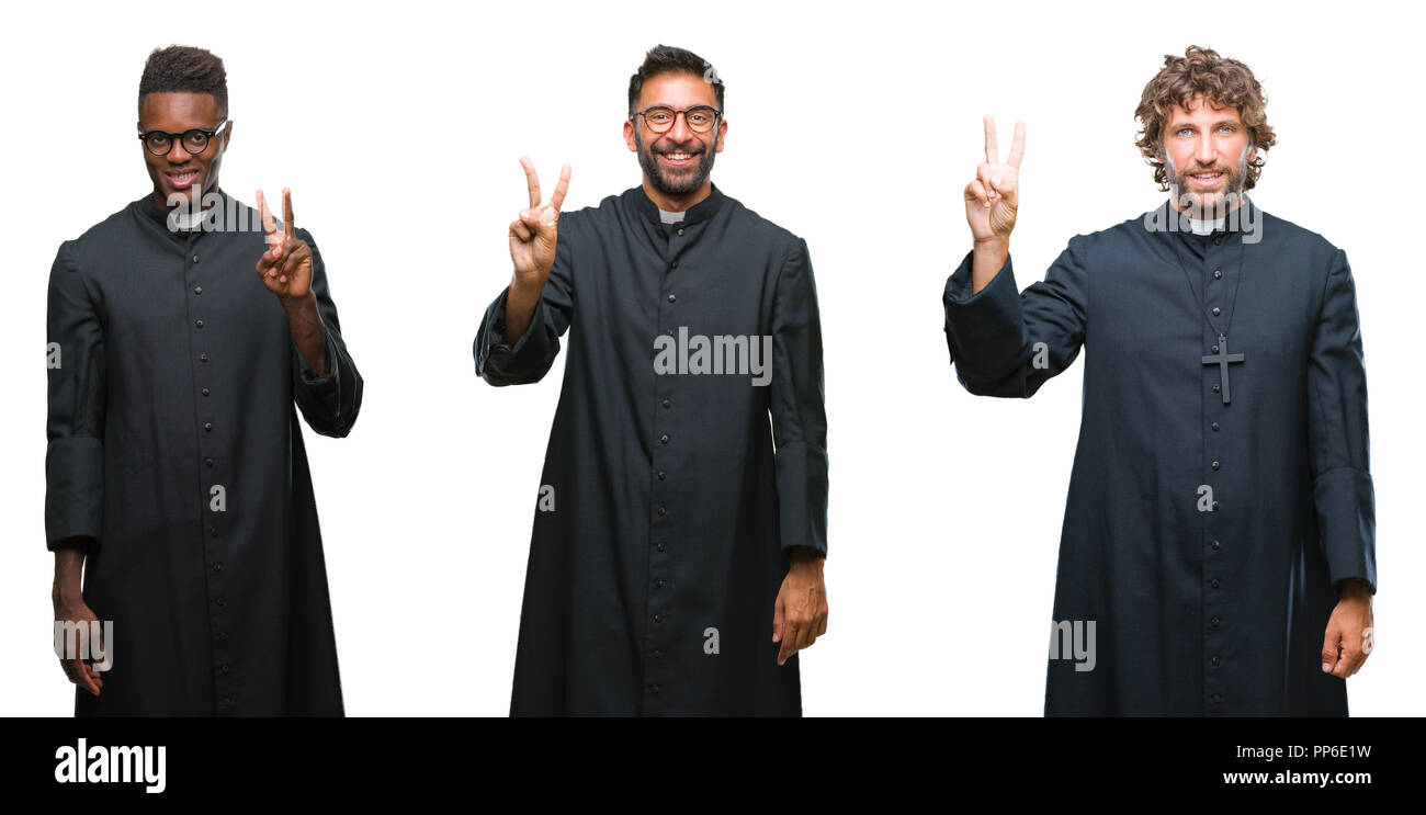 Collage of christian priest men over isolated background showing and ...