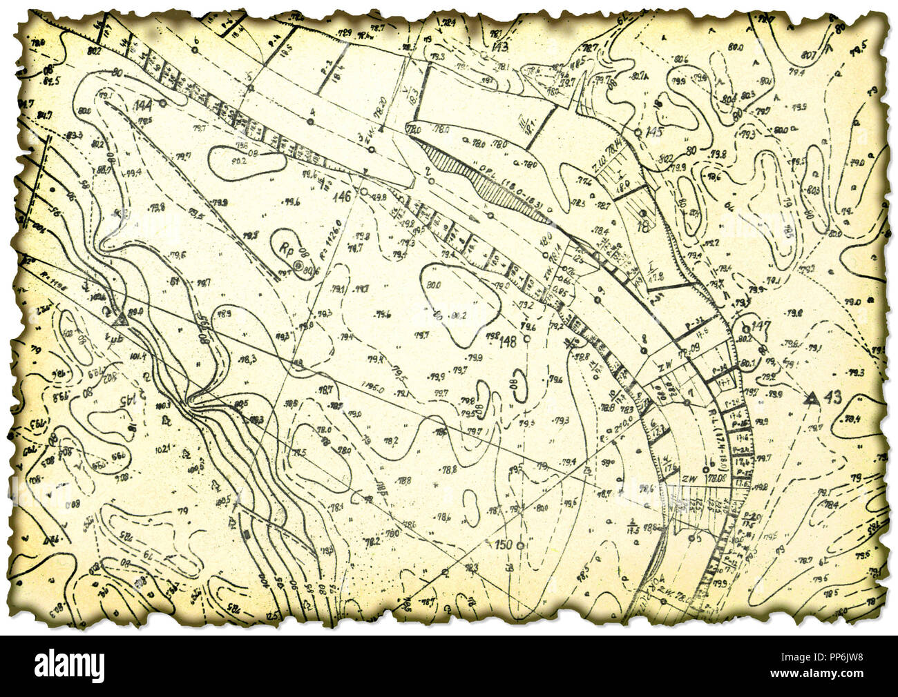 Yellowed and stained piece of old map on a white background, isolated ...