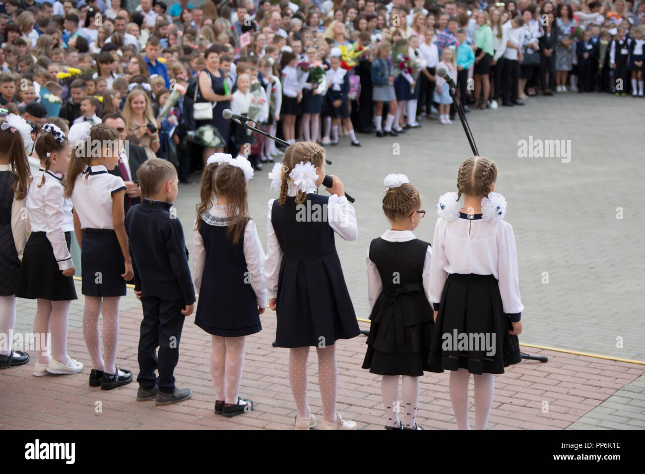 Belarus, Gomel, September 1, 2018. The holiday began school.Solemn line ...