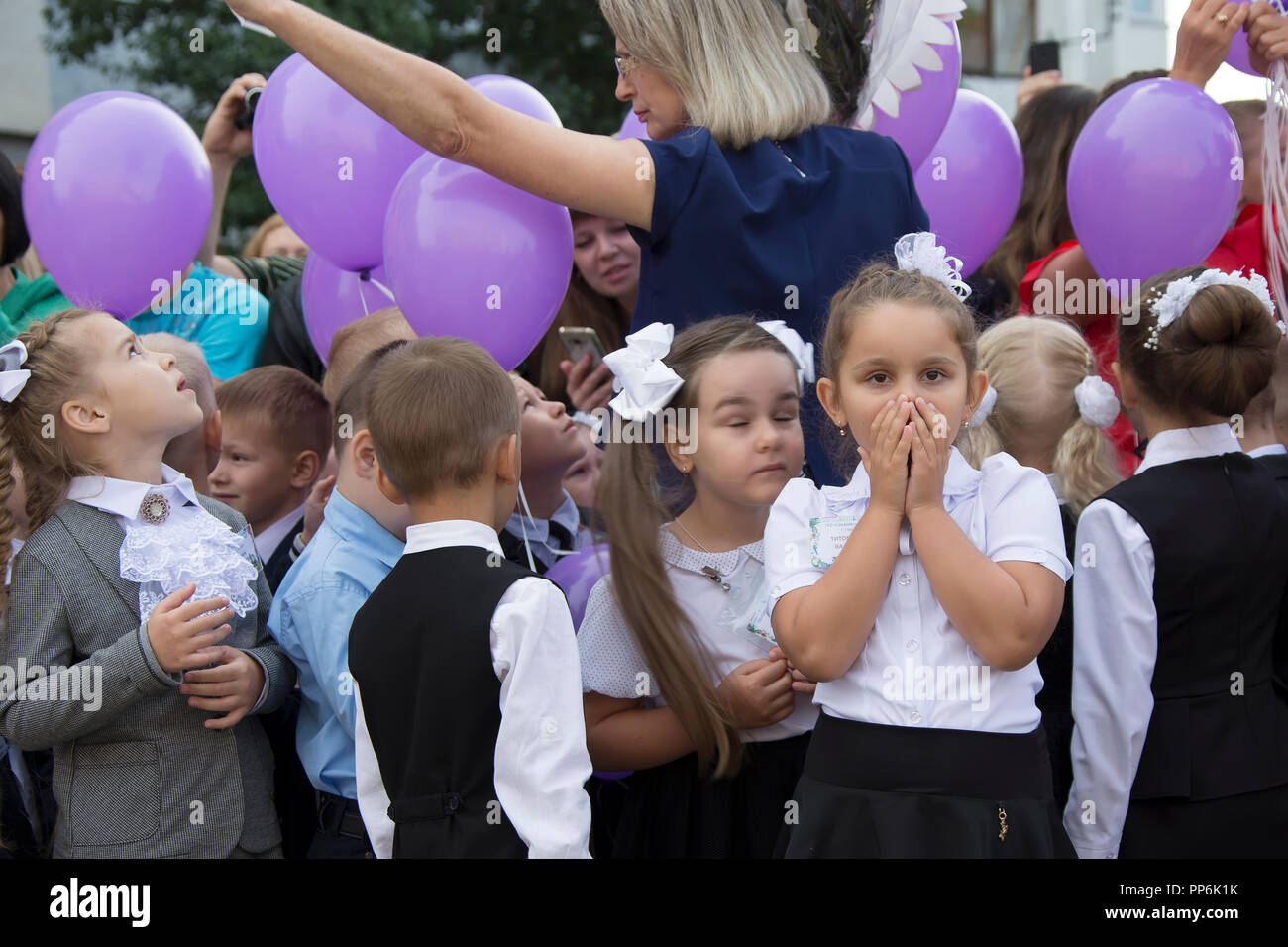 Belarus, Gomel, September 1, 2018. The holiday began school.Girl ...