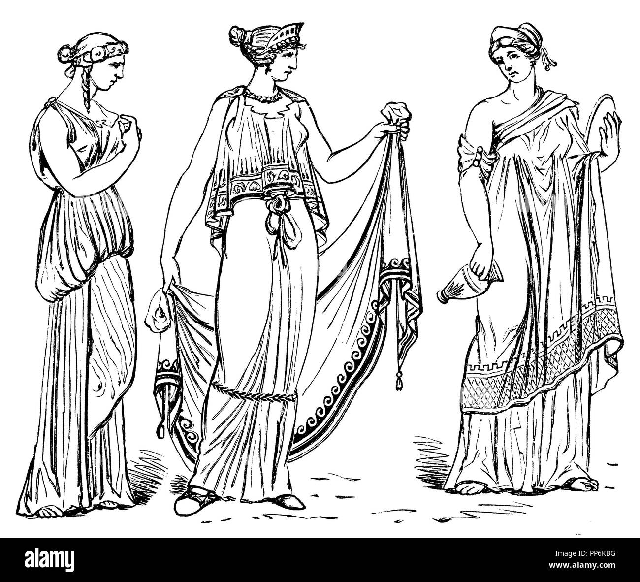 Greeks, left: Ladies with left: Chiton, middle: with double chiton ...