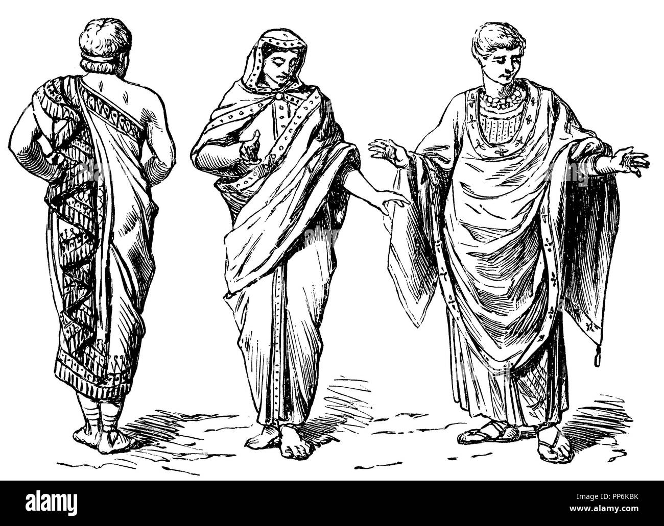 Etruscan, left: Tebenna, middle and right: elegant costume, anonym 1896 ...