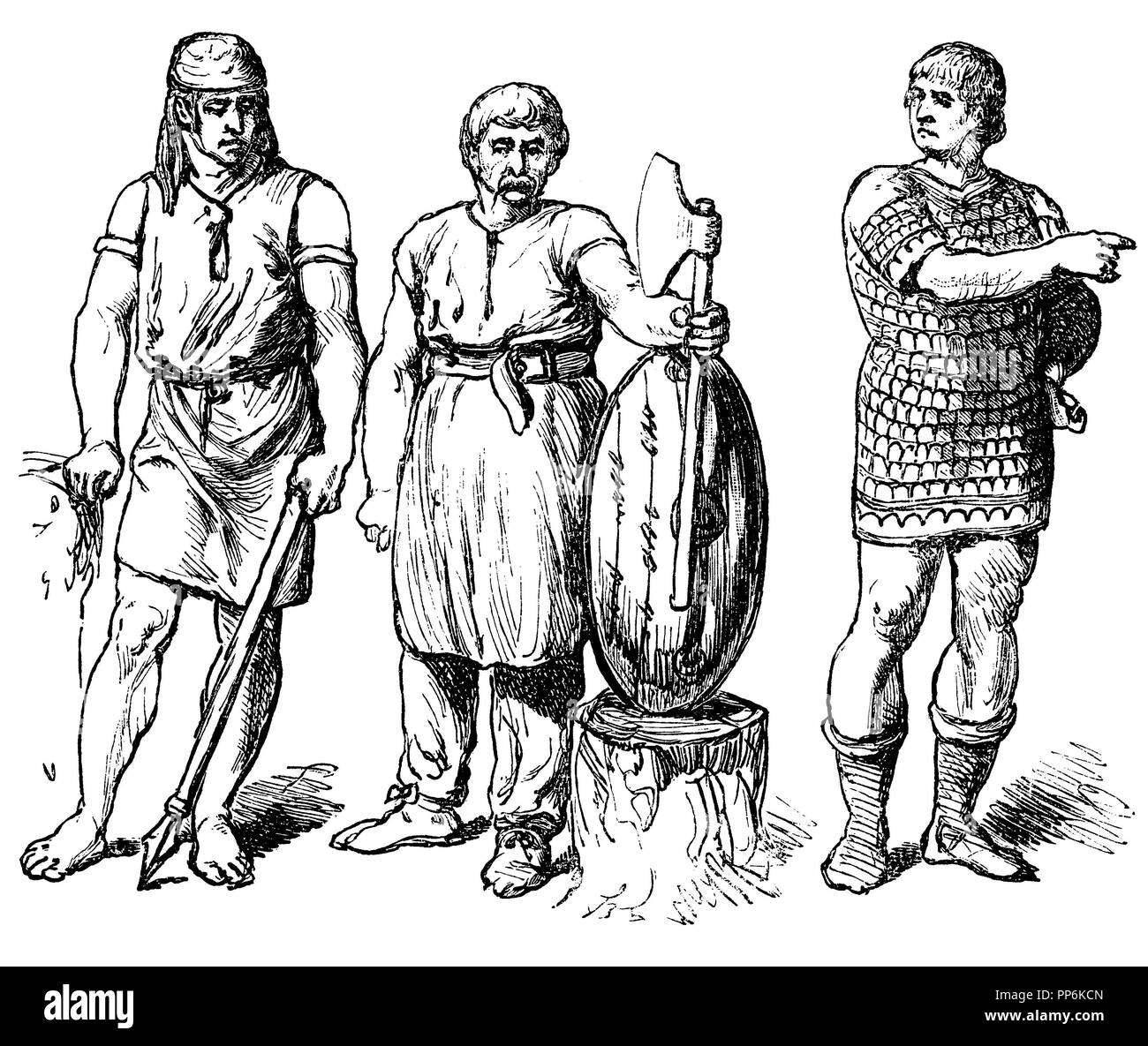 Franks, left: Early time, middle: Merovingian warriors, right ...