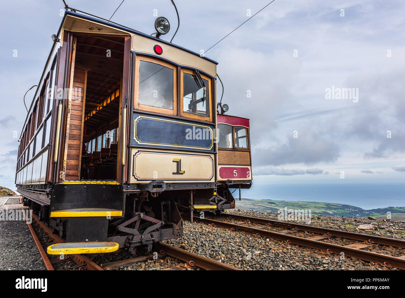 Snaefell Mountain Railway trams on the summit, Isle of Man Stock Photo ...