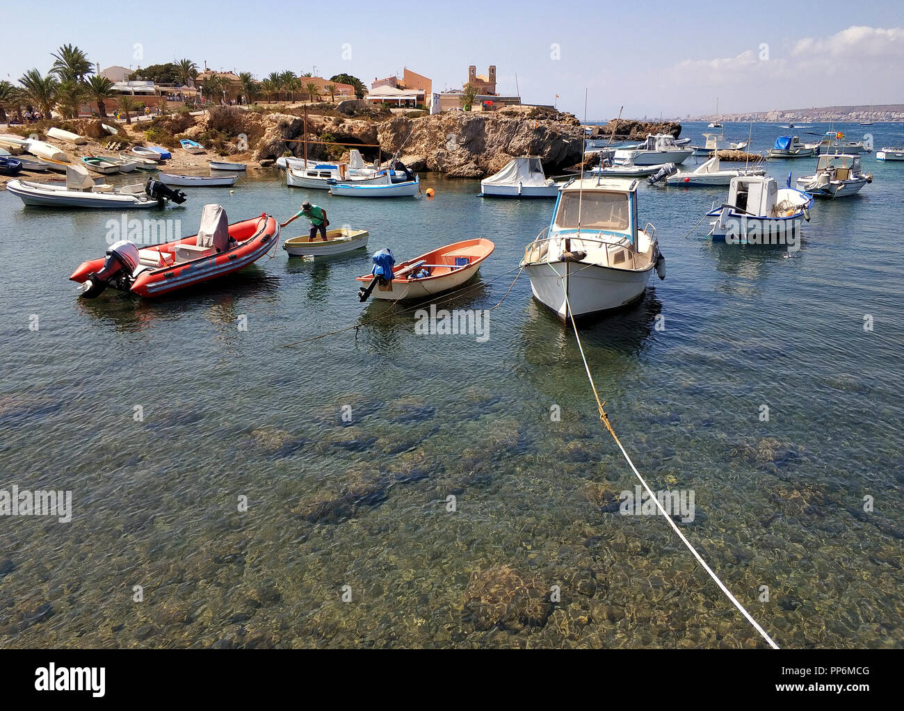 Tabarca Island, Spain - September 4, 2018: Moored docked fishing motor ...