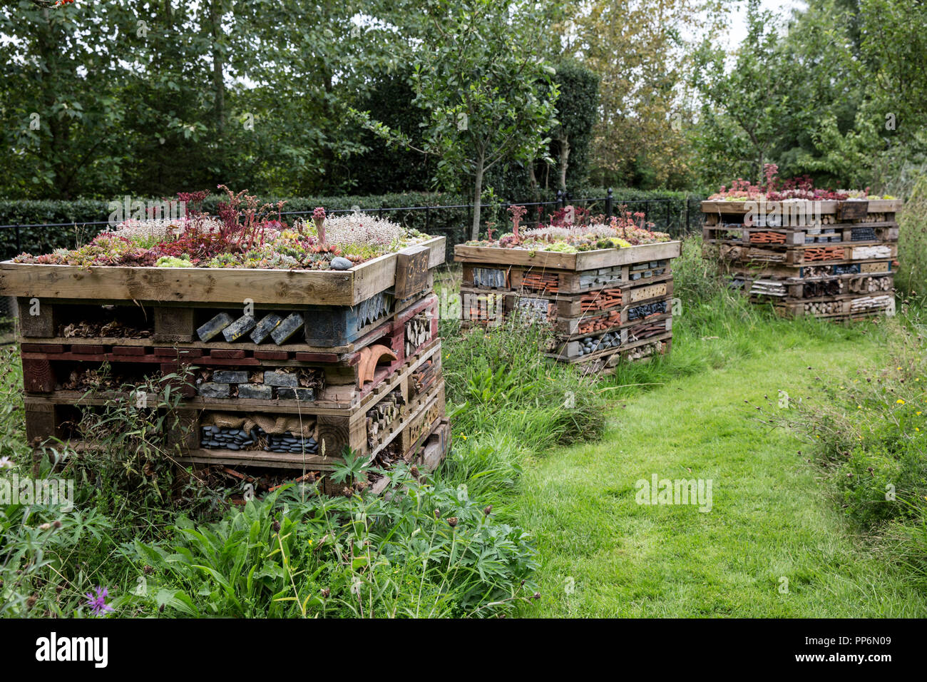 Three large bug houses with several layers of different materials in a ...