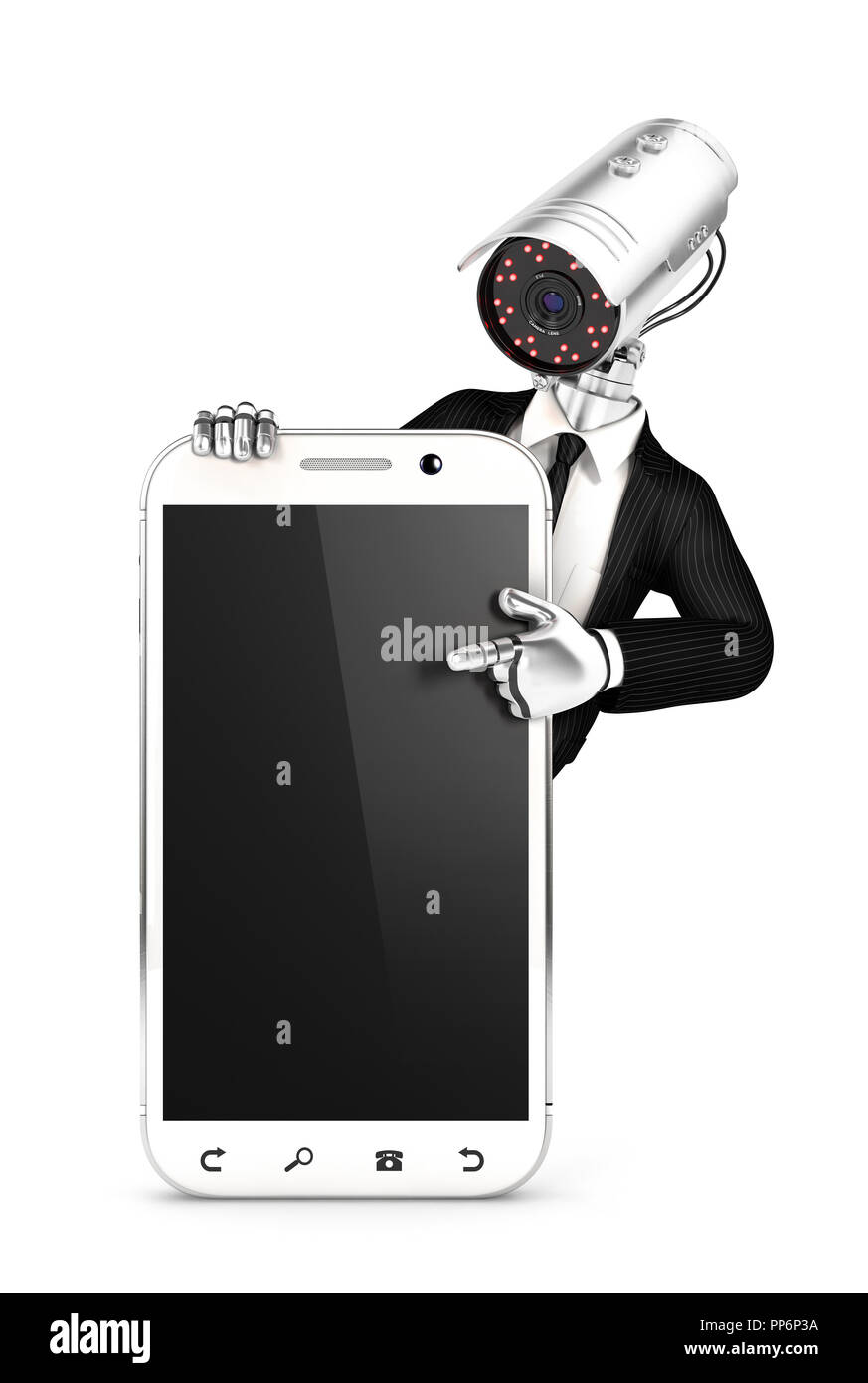 3d security agent with camera head pointing to blank smartphone ...