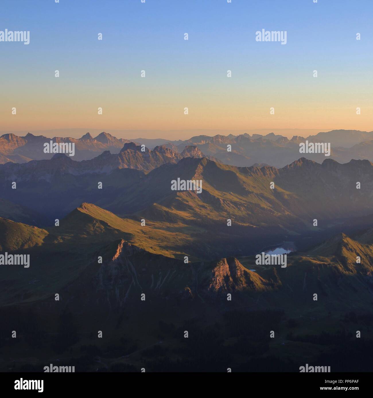 Summer sunrise in the Swiss Alps. View from Glacier 3000, Switzerland ...