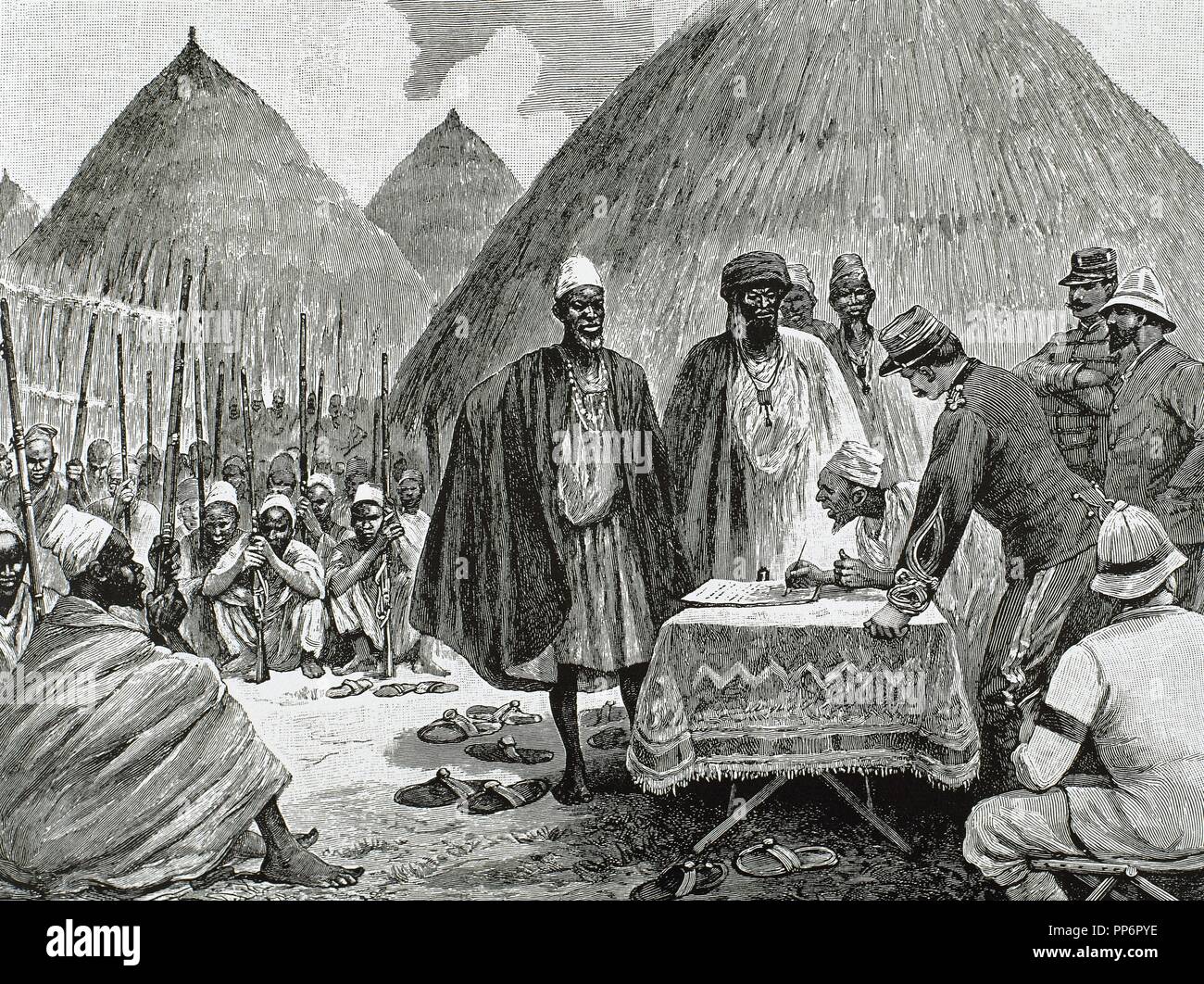 Africa. Signing a treaty between French colonists and the heads of the ...