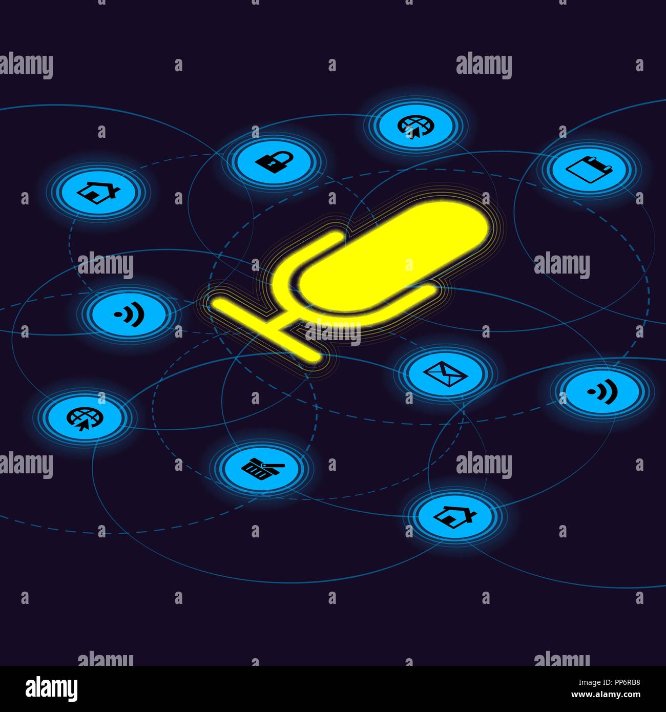 Dark blue background with yellow microphone and different icons Stock ...