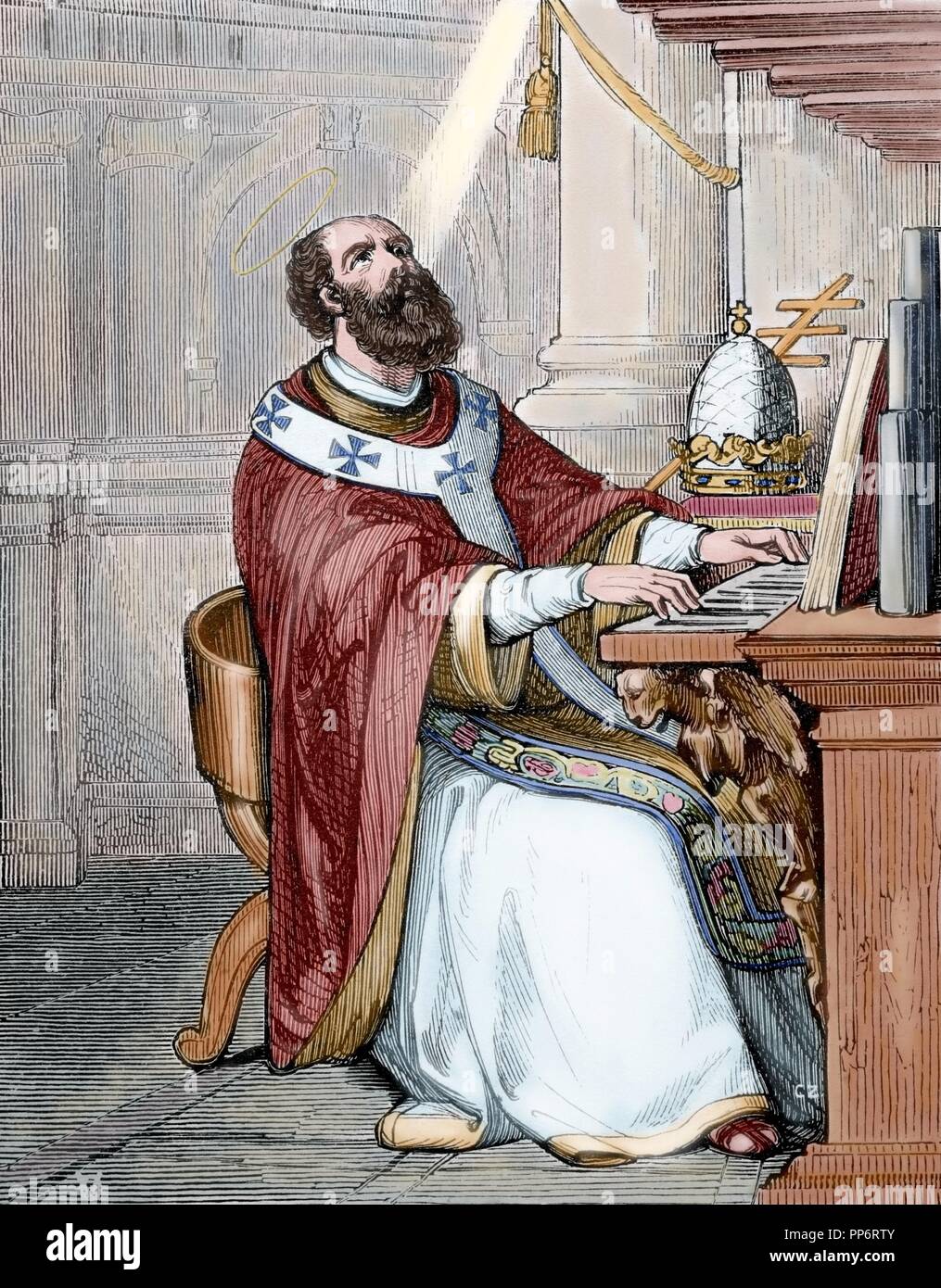 Saint Leo II (611-683). Pope of the Roman Catholic Church. Engraving ...