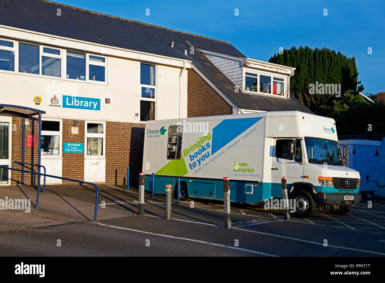 Library, and mobile library, Honiton, Devon, England UK Stock Photo - Alamy