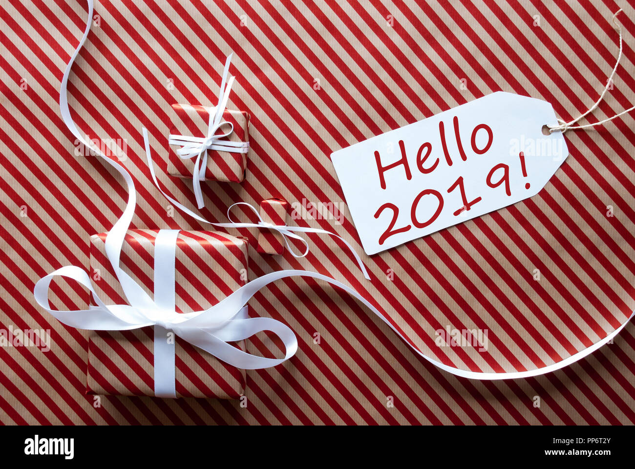 Two Gifts With Label, English Text Hello 2019 Stock Photo - Alamy