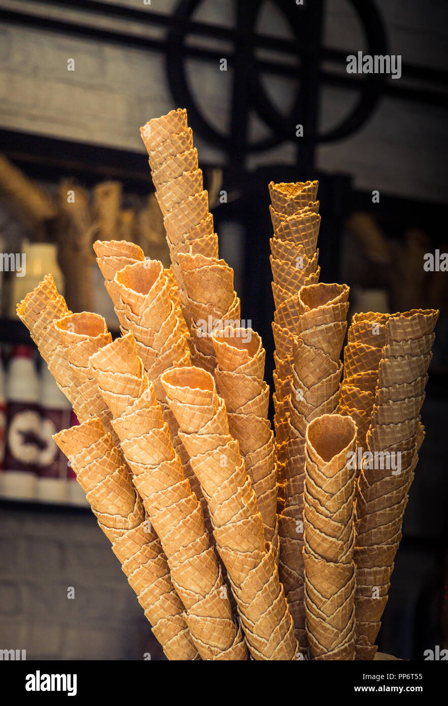 Empty Waffle Ice Cream Cones in the view Stock Photo - Alamy
