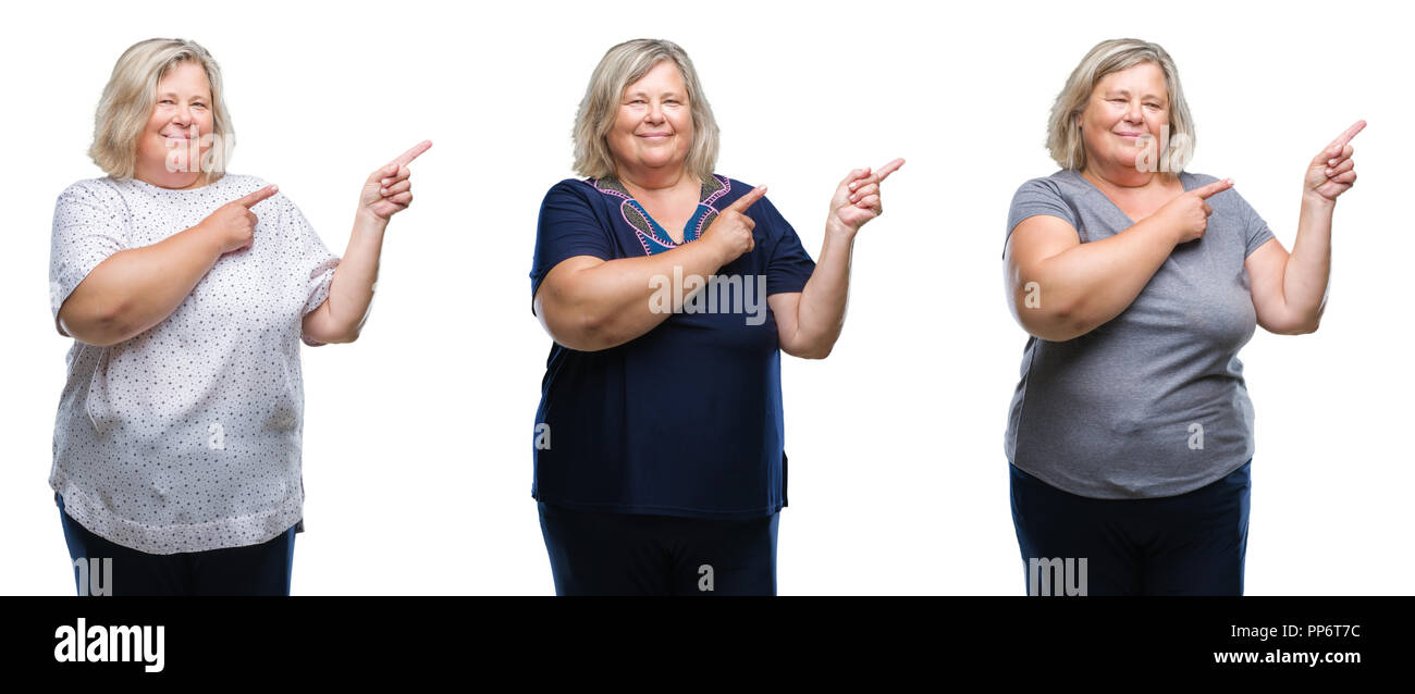 Collage of senior fat woman over isolated background smiling and ...