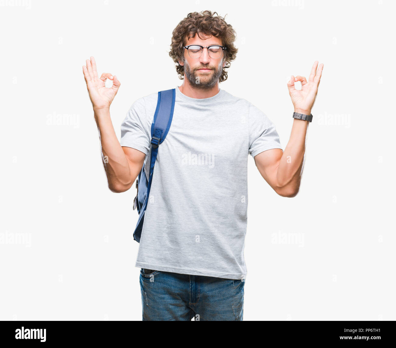 Handsome hispanic student man wearing backpack and glasses over ...