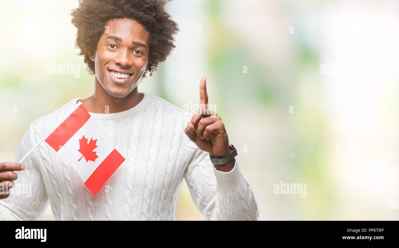 Afro american man flag of Canada over isolated background surprised ...