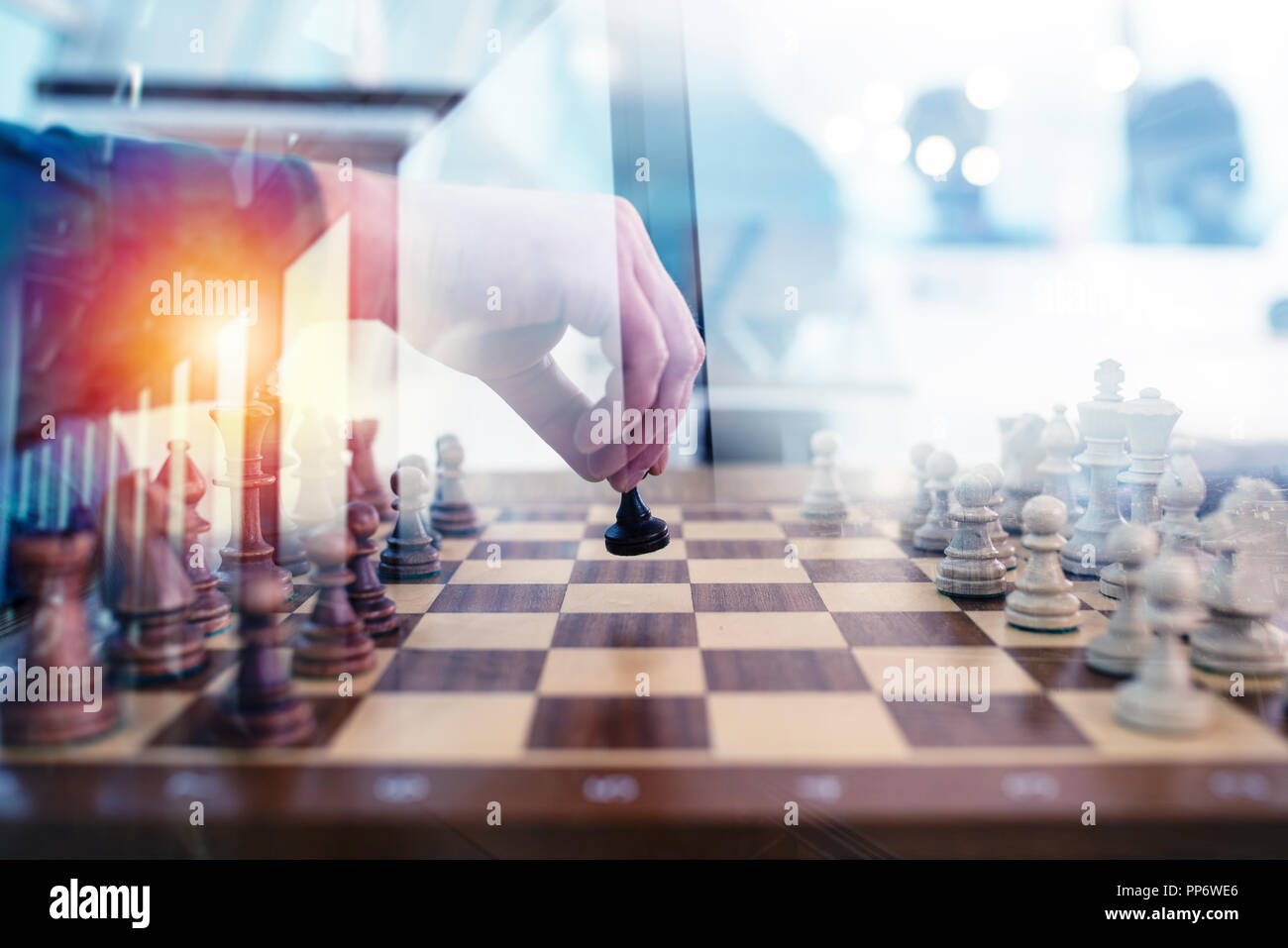 Business tactic with chess game and businessmen that work together in ...