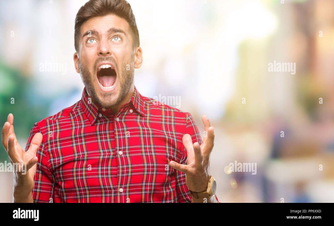 Young handsome man over isolated background crazy and mad shouting and ...