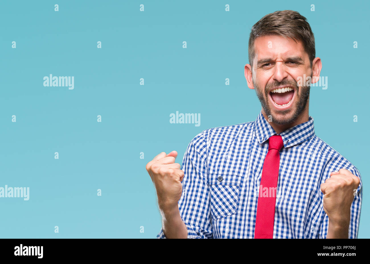 Young handsome business man over isolated background very happy and ...