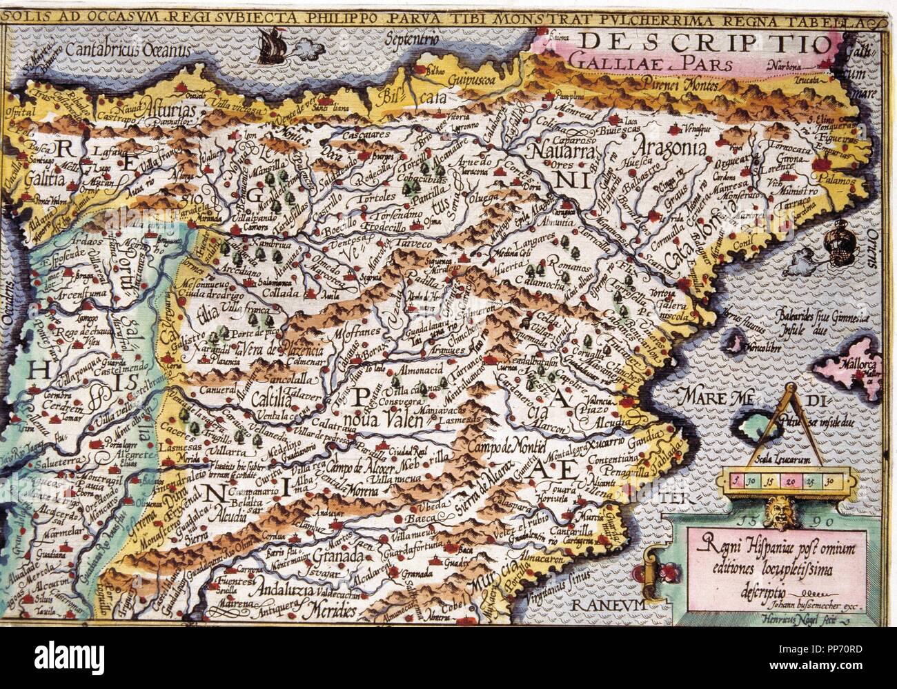 CARTOGRAFIA. MAPA DE ESPAÑA Y PORTUGAL. OBRA DE JOHANNES BUSSEMECHER ...