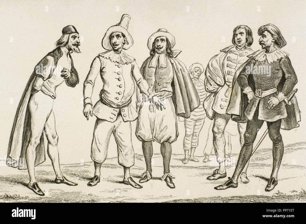 Italy. Commedia dell'arte. Costumes. 16th century. Engraving Stock ...