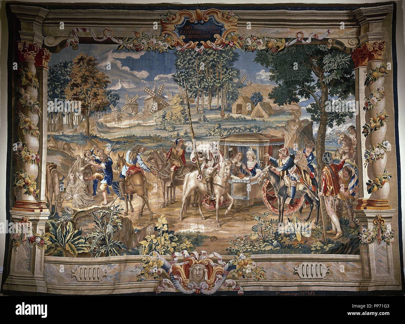 Don Quixote and Sancho Panza. 18th century Spanish tapestry depicting ...