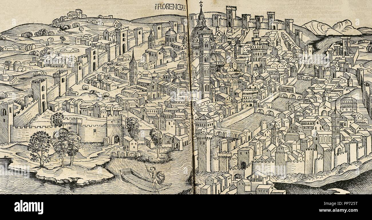 Italy. Florence in the 16th century and Arno river. Plan. Engraving ...