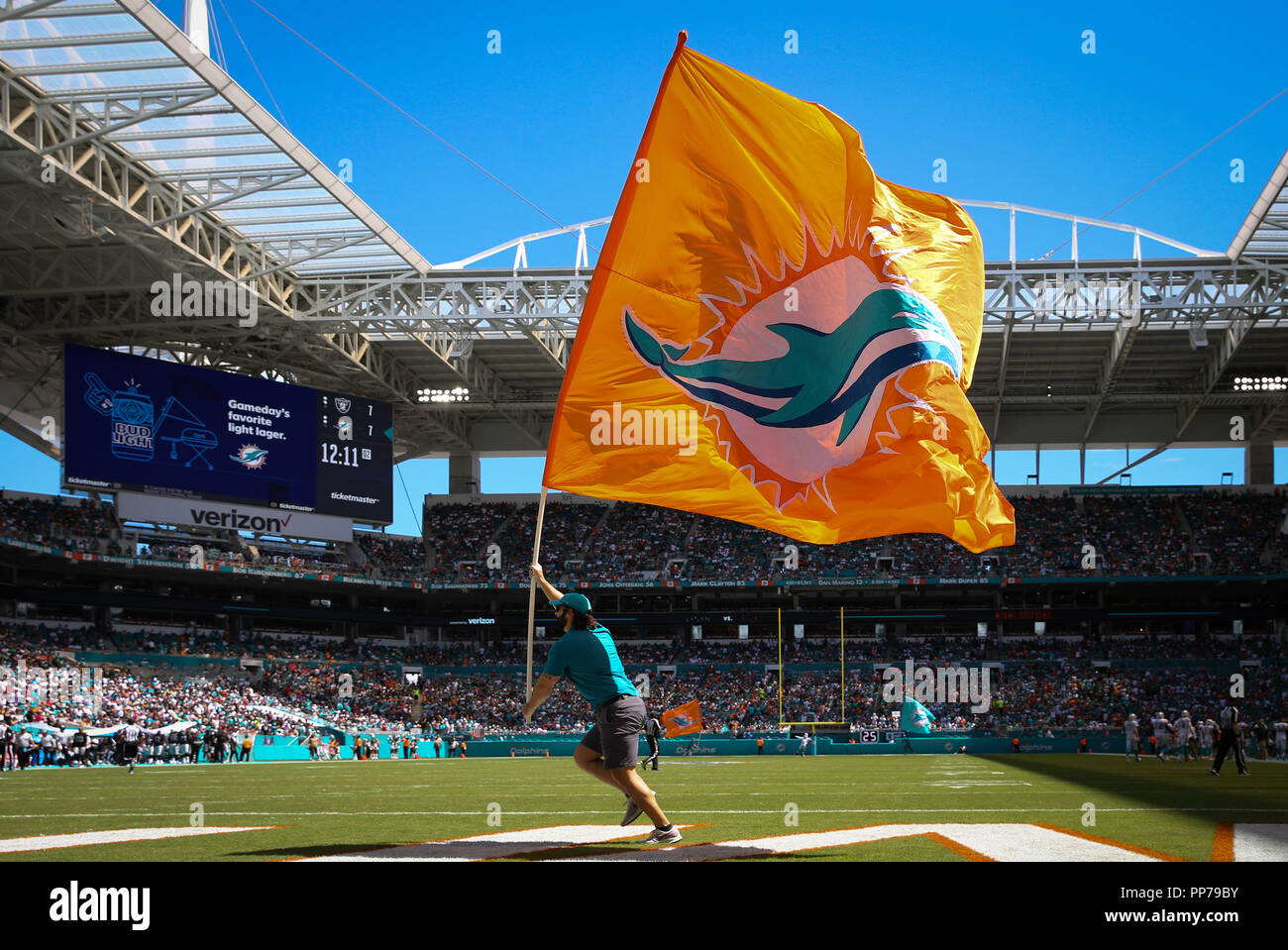Miami Gardens, Florida, USA. 23rd Sep, 2018. The Miami Dolphins flag is ...