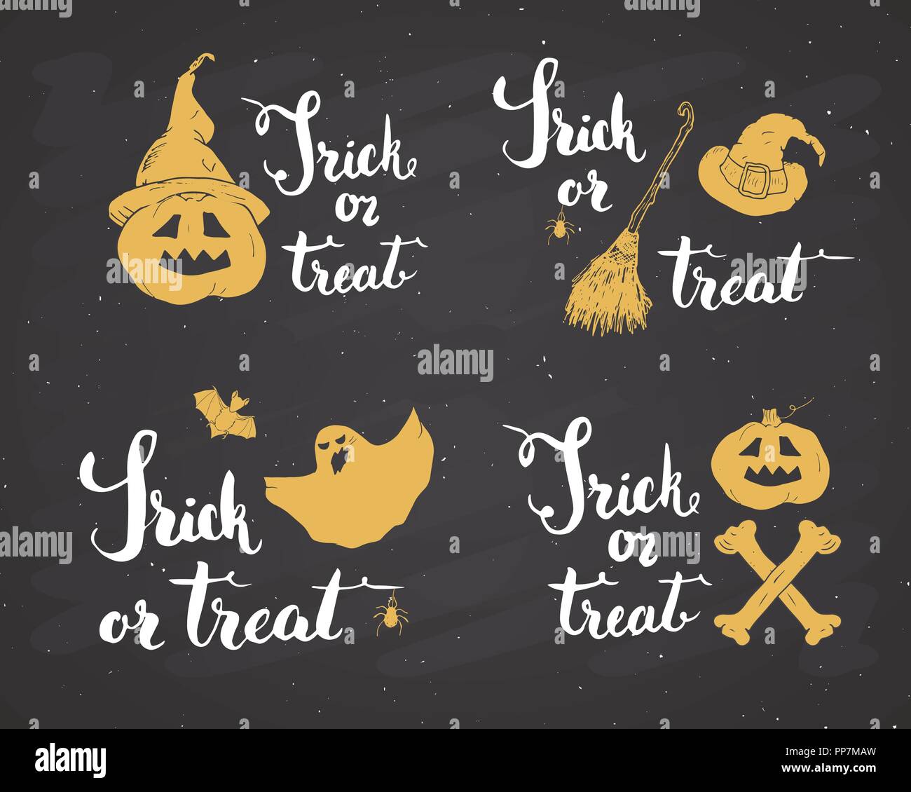 Halloween greeting cards set. Lettering calligraphy sign and hand drawn ...