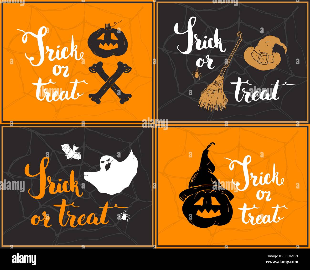 Halloween greeting cards set. Lettering calligraphy sign and hand drawn ...