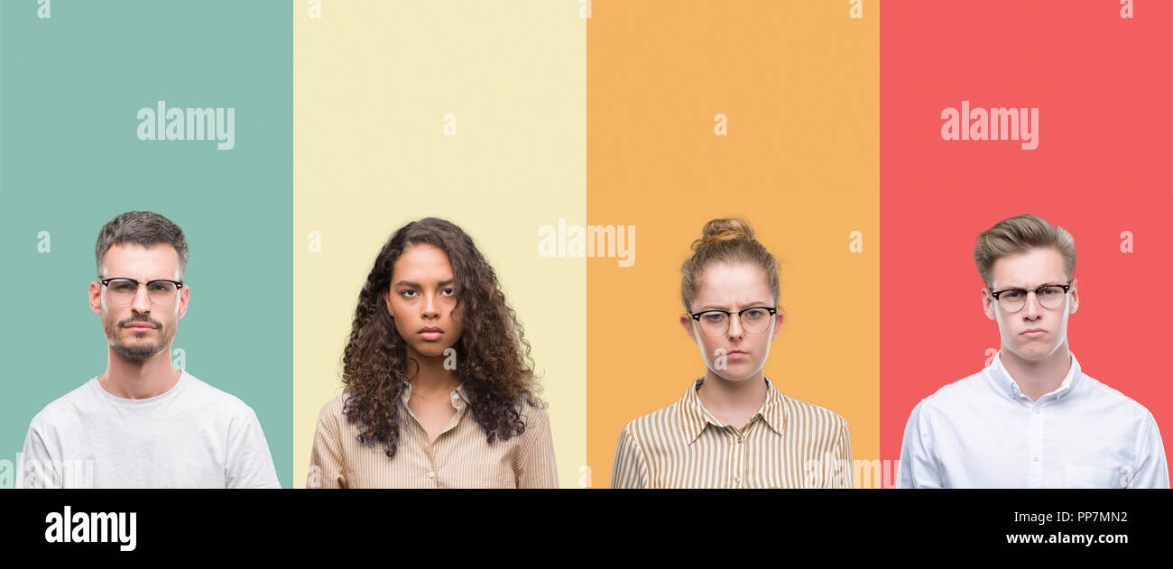 Collage of a group of people isolated over colorful background skeptic ...