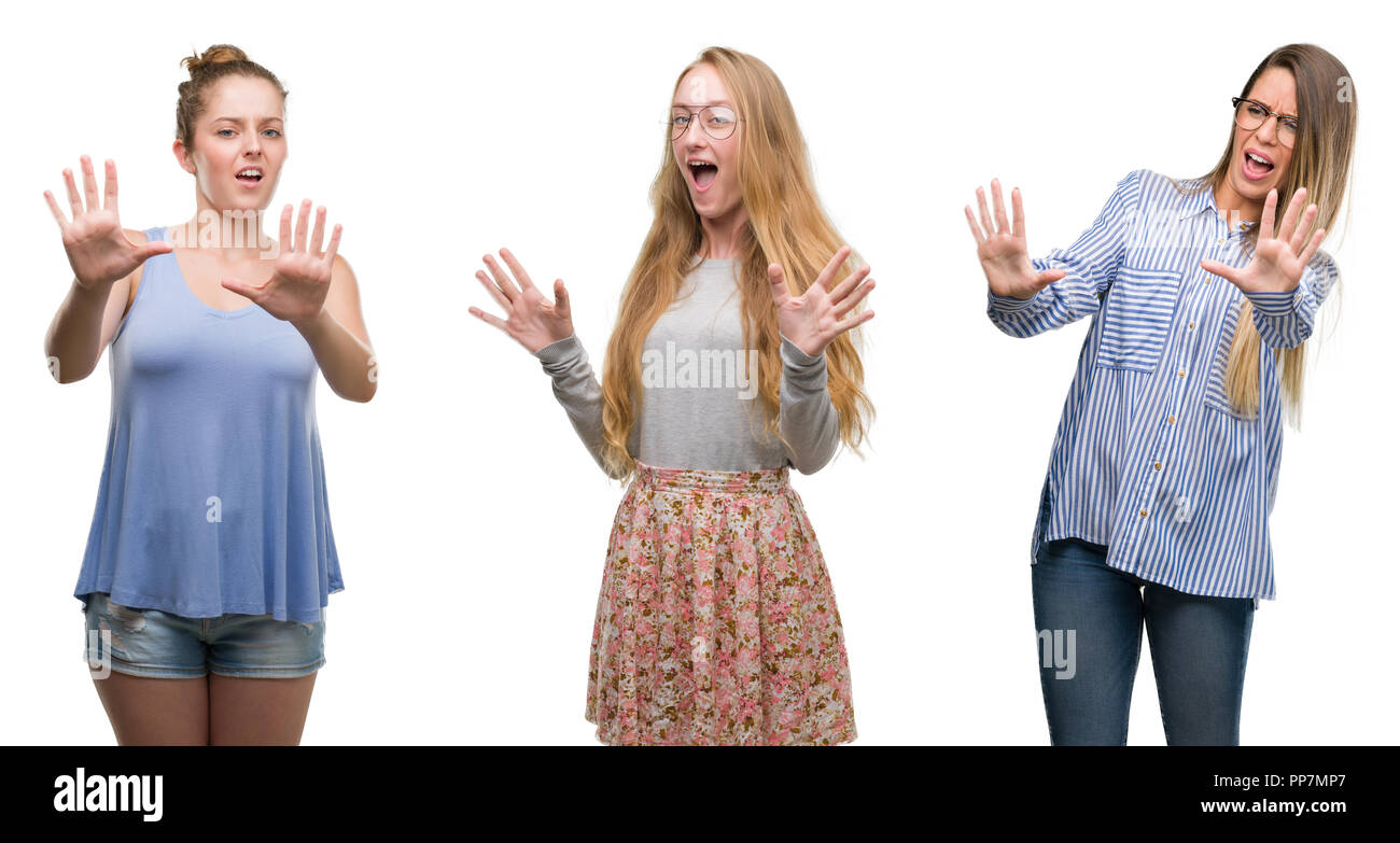 Collage of group of blonde women over isolated background afraid and ...