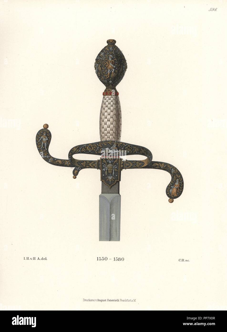 Superb sword hilt from the mid-16th century. Guard and pommel in black ...