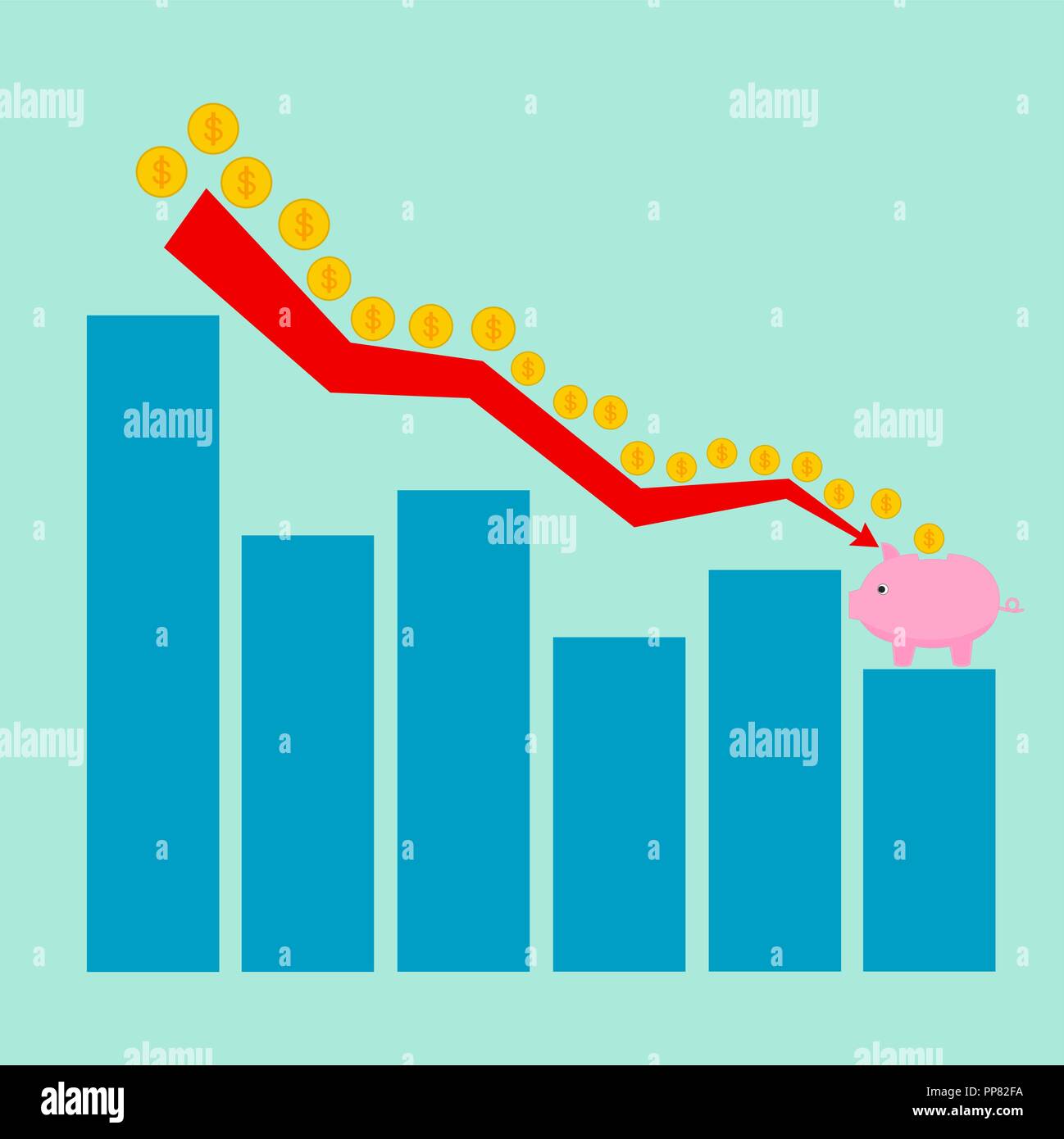 Business low profit money graph saving to piggy bank , vector icon ...