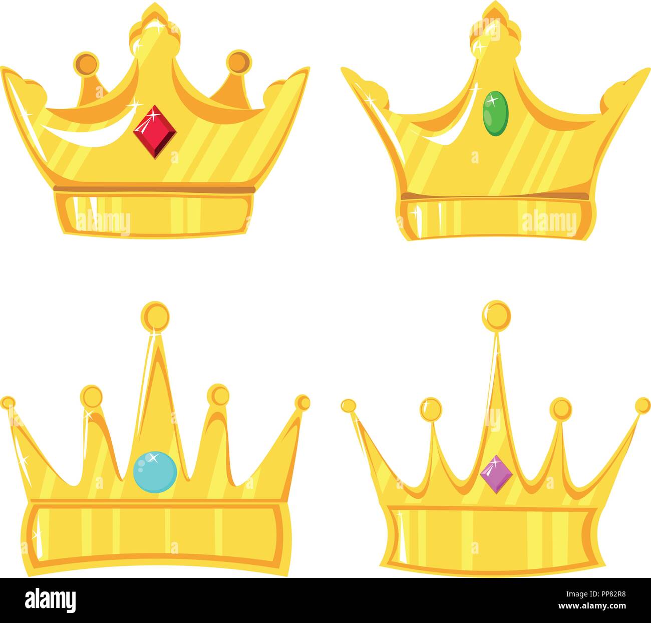 Vector illustration. Set of 4 golden crowns with a precious stone on a ...