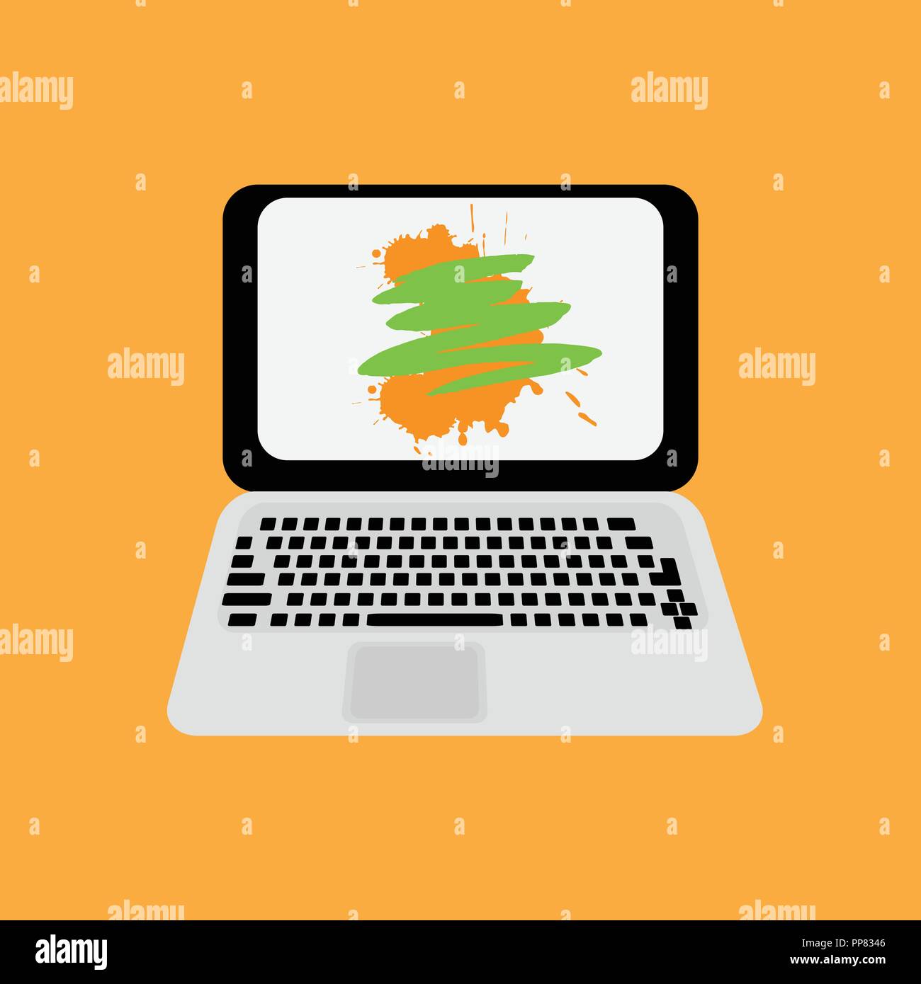 Vector illustration. Open laptop with spots on the screen on a colored ...
