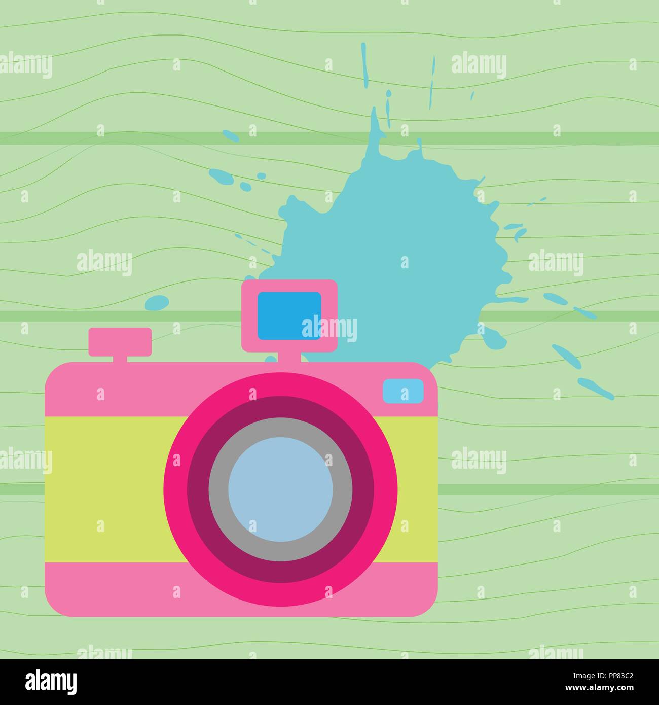 Vector illustration. The old-fashioned color camera. Flat style. Splash ...